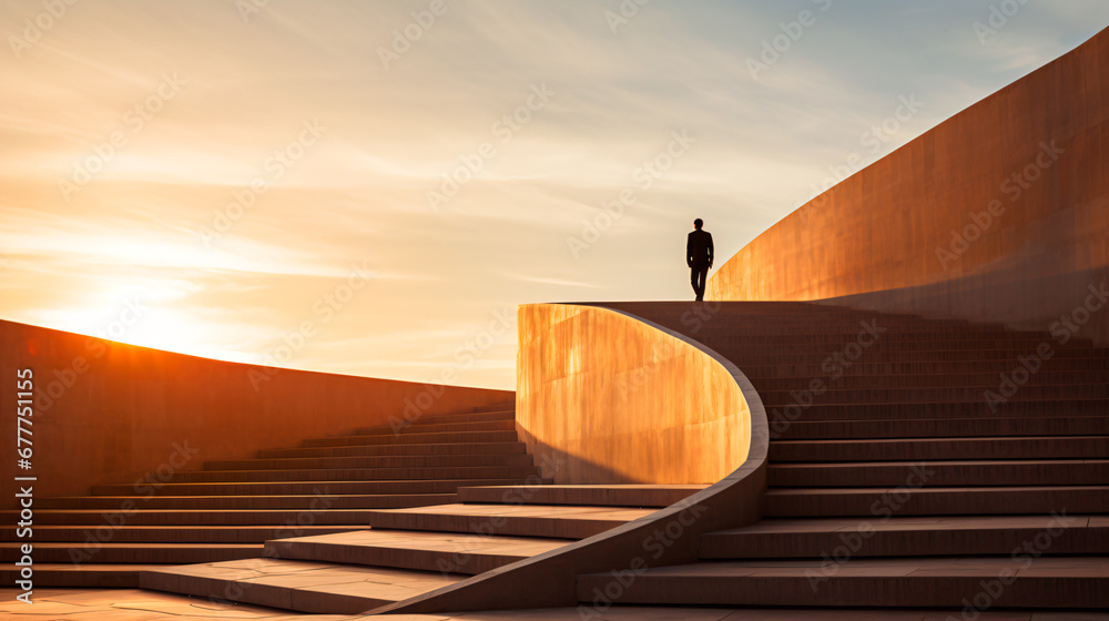 hombre exitoso concepto, subiendo escaleras, alcanzando metas, llegando ...