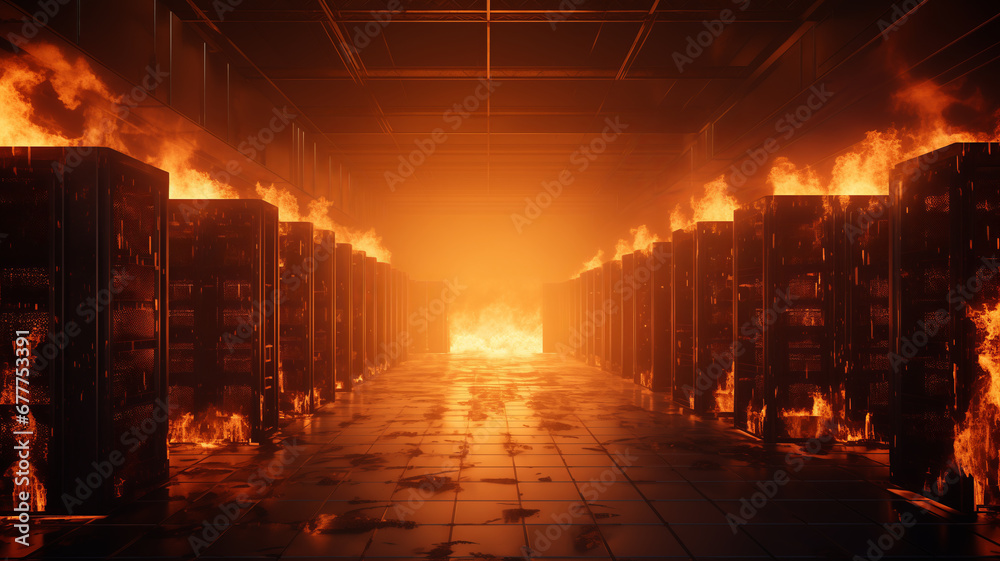 Burning server room. Data center supercomputer technology in fire Stock ...