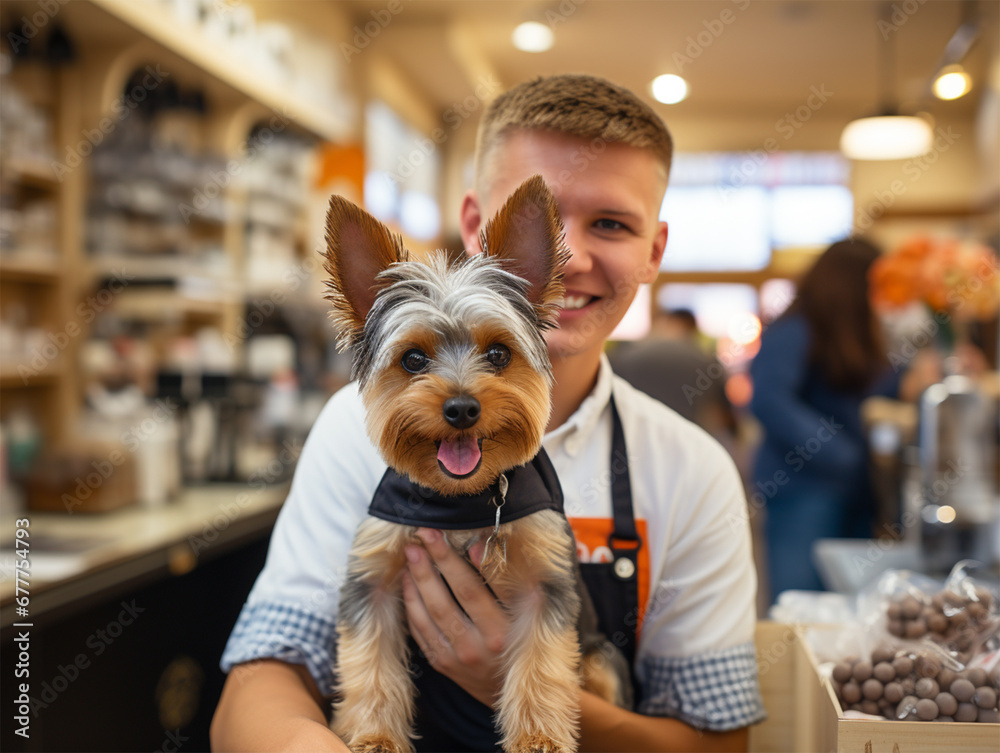 Foto de portrait of a master groomer in uniform with a client dog in ...