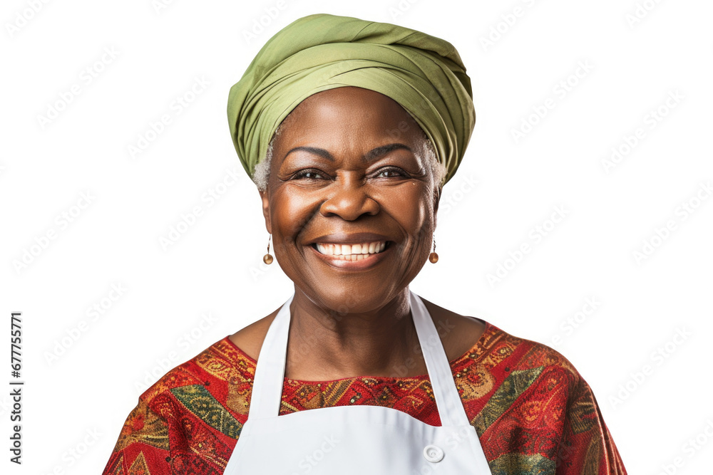 A woman wearing an apron and a turban with a warm smile on her face ...