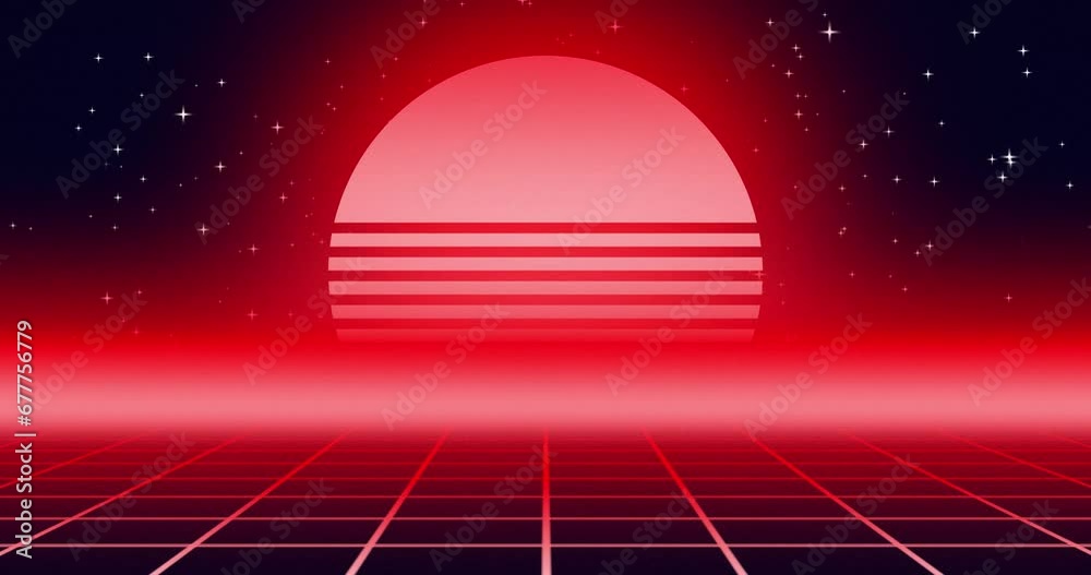 Retro Neon sun with grid cyber space background in seamless looped ...