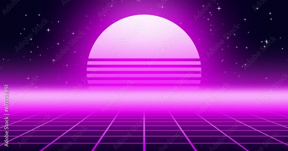 Retro Neon sun with grid cyber space background in seamless looped ...