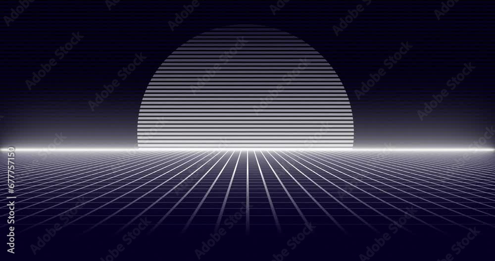 Glowing sci-fi retro cyberpunk sun with grid line motion. Retro Neon ...