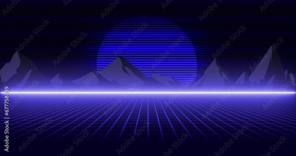 80s retro synthwave sunset over a tech grid field with low-poly ...