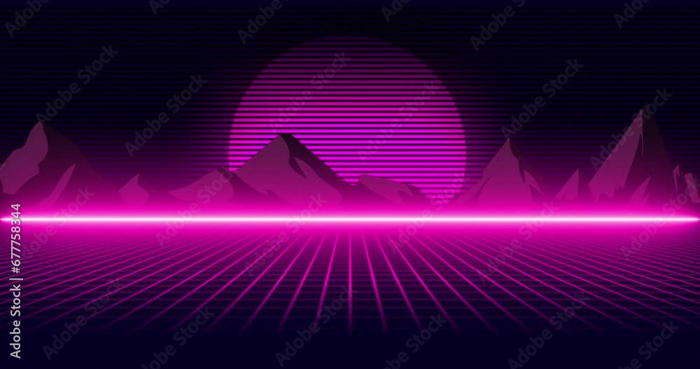 80s retro synthwave sunset over a tech grid field with low-poly ...