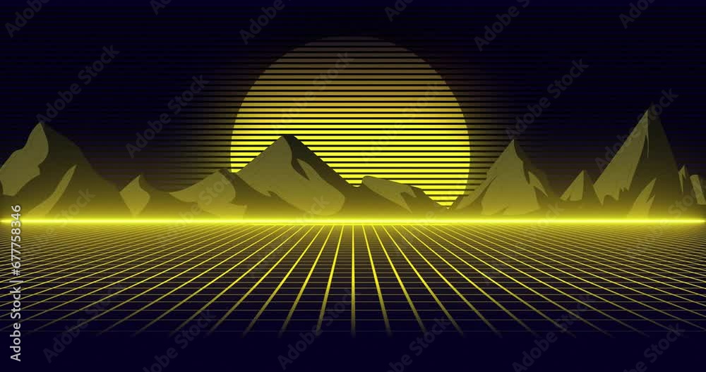 Vidéo Stock Retro sunset over a tech grid field with mountain ranges ...