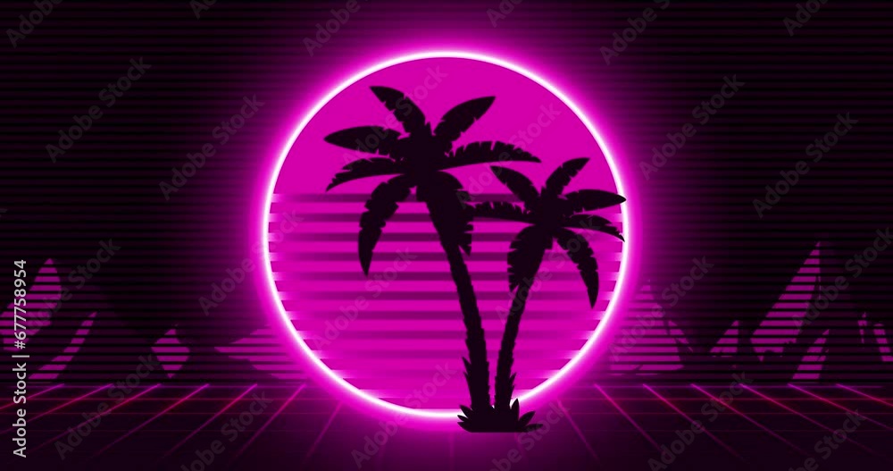 Vidéo Stock Palm tree over bright glowing neon sun, 80' retro style ...
