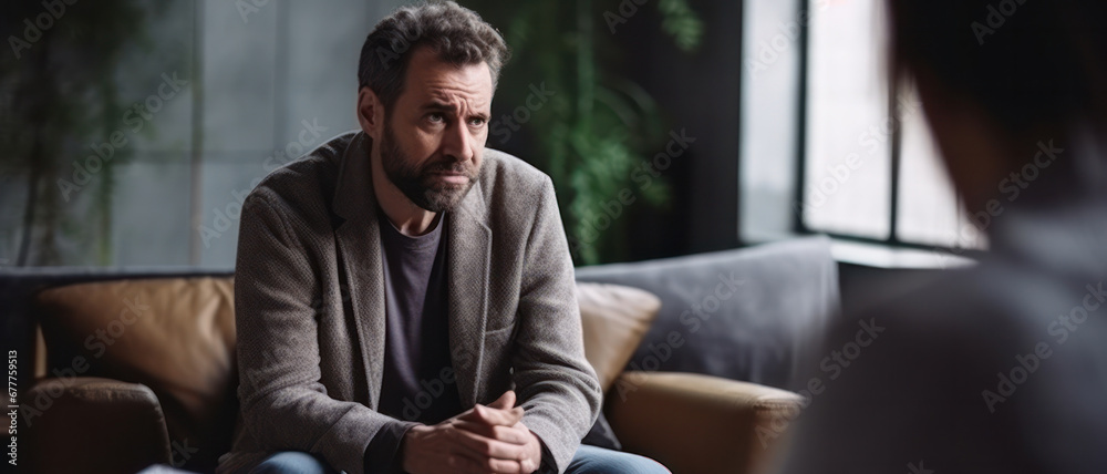 man with mental health problems is consulting. psychiatrist is recording the patient's condition ...