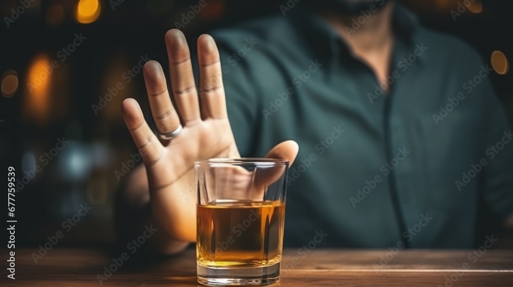 man smile and refuses say no and avoid to drink an alcohol whiskey ...