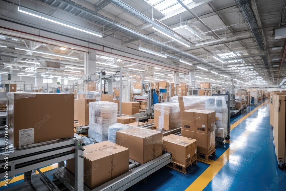 Production hall, Packaging of furniture fittings. Stock Photo | Adobe Stock