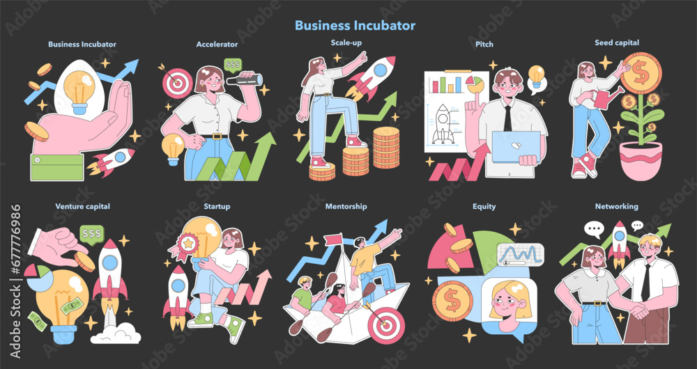 Grafika wektorowa Stock: Business Incubator set. Characters navigate ... Grafika wektorowa Stock: Business Incubator set. Characters navigate ...