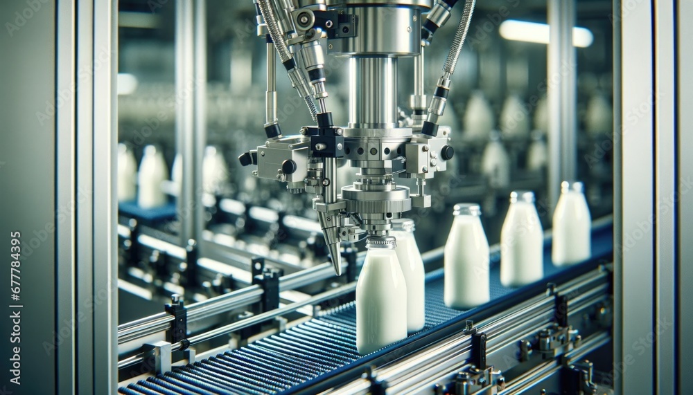 High-tech production line with a conveyor belt and robotic arms ...