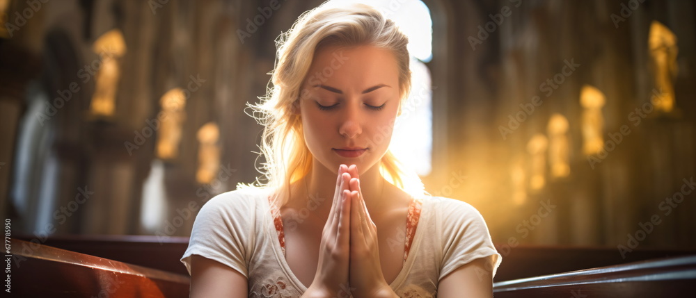 Ilustrace „woman prayer sitting in church. woman praying for god in the ...