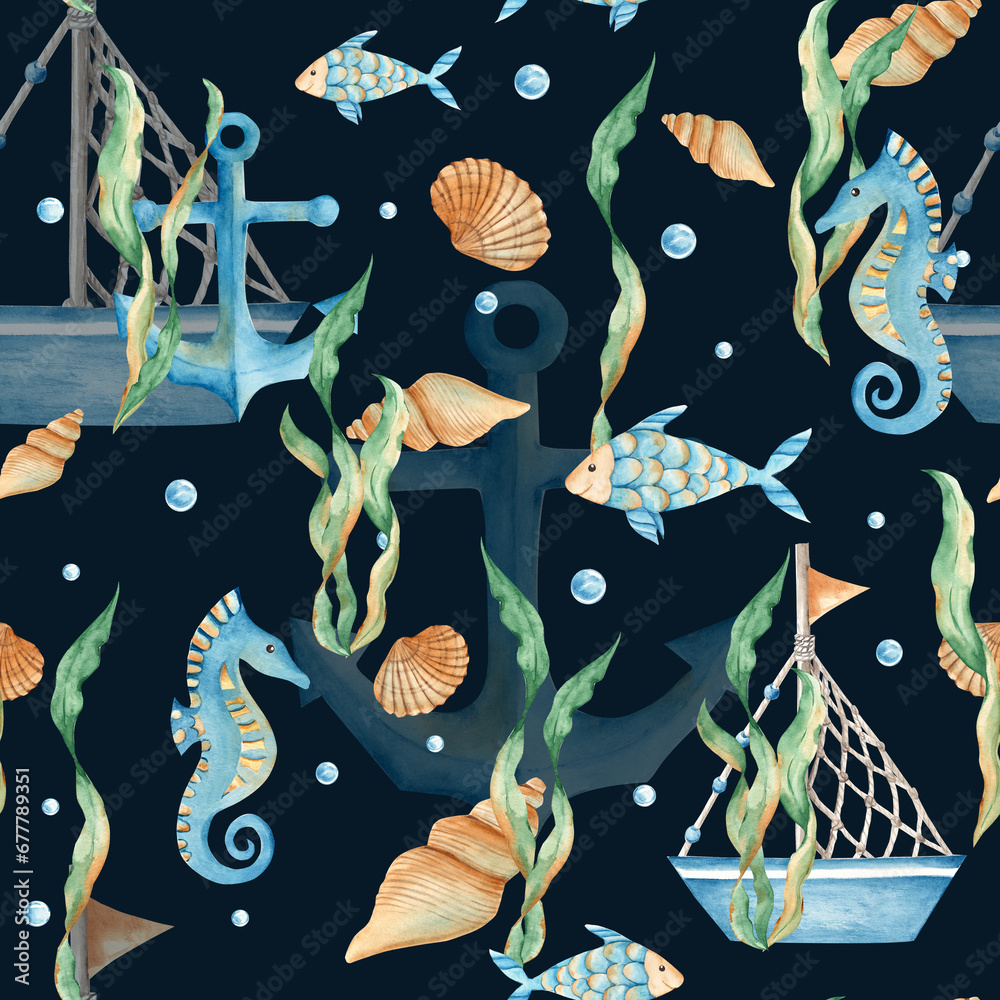 Watercolor under the sea hand drawn seamless pattern with cute ship ...