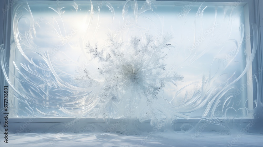 a snowflake in front of a window with frost on the window sill and a ...