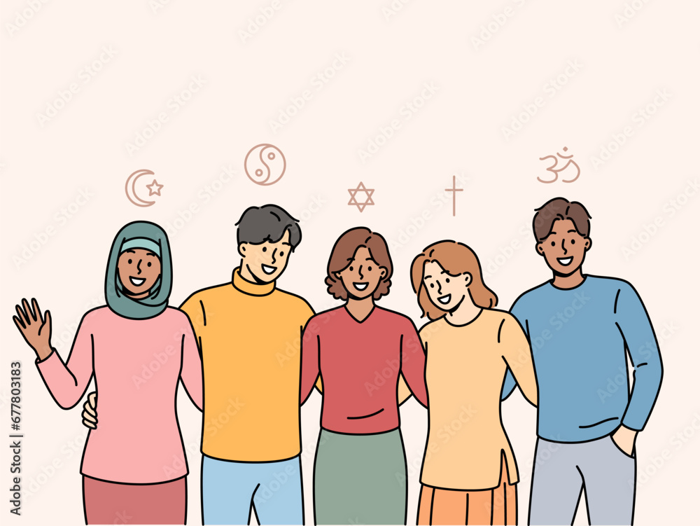People different religions hug, feeling unity and absence disagreements ...