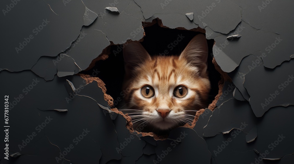a close up of a cat looking out of a hole in a wall with paint peeling ...