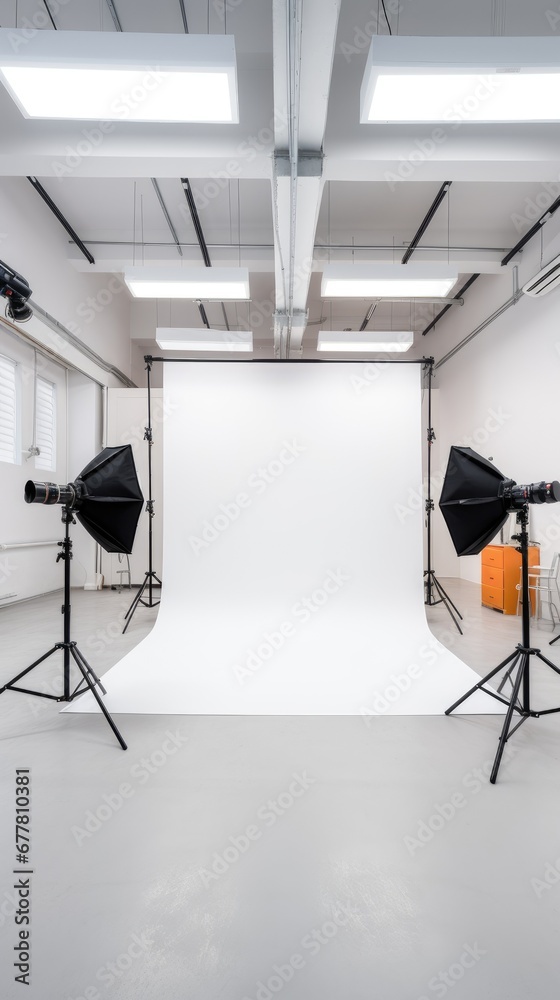 Professional photography studio featuring a pristine white roll-up ...