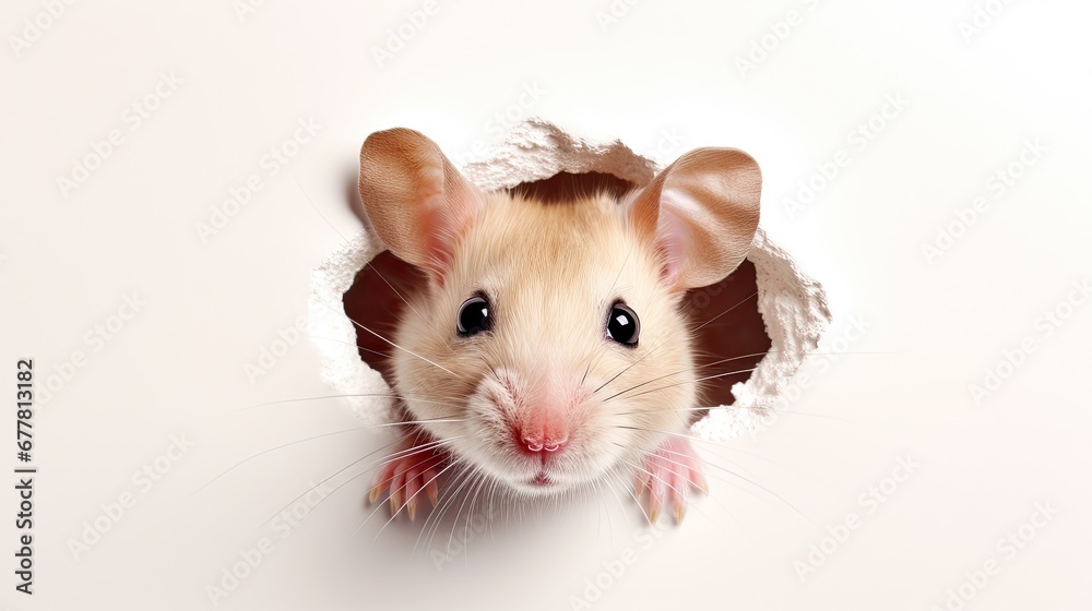 a close up of a mouse peeking out of a hole in a white wall with it's ...