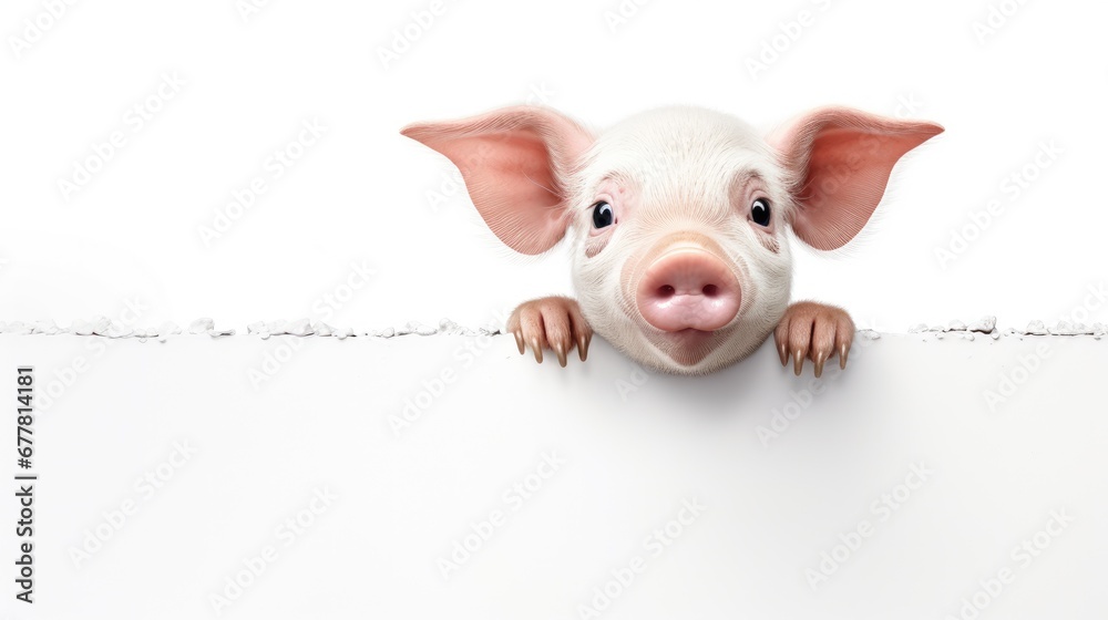 a pig peeks its head out of a hole in a white wall with a torn up edge ...
