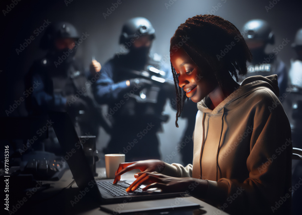 african american woman with braids, computer hacker, busted by a swat ...