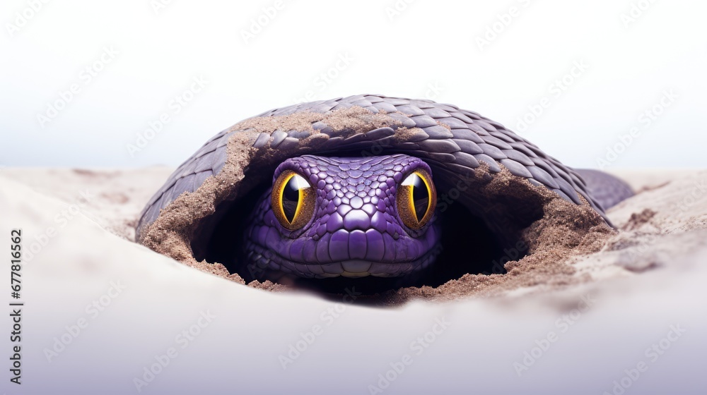 a close up of a purple snake's head peeking out of a hole in the sand ...