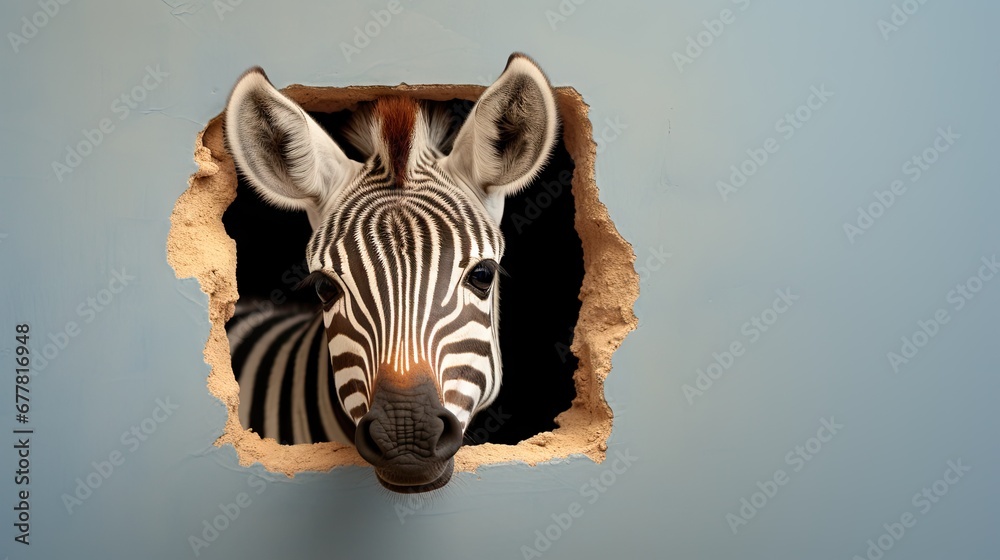 a zebra sticking its head out of a hole in the side of a wall with it's ...