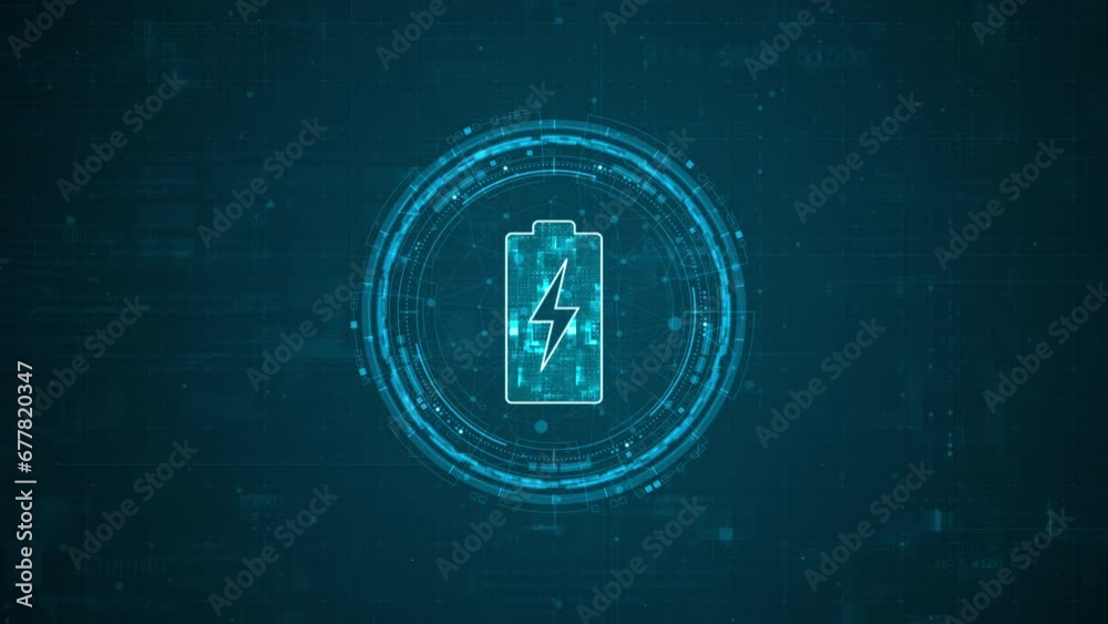 Motion graphic of Blue digital battery logo and circle futuristic HUD ...