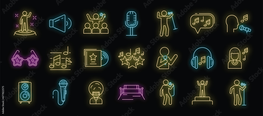 Singer icons set. Outline set of singer vector icons neon color on ...