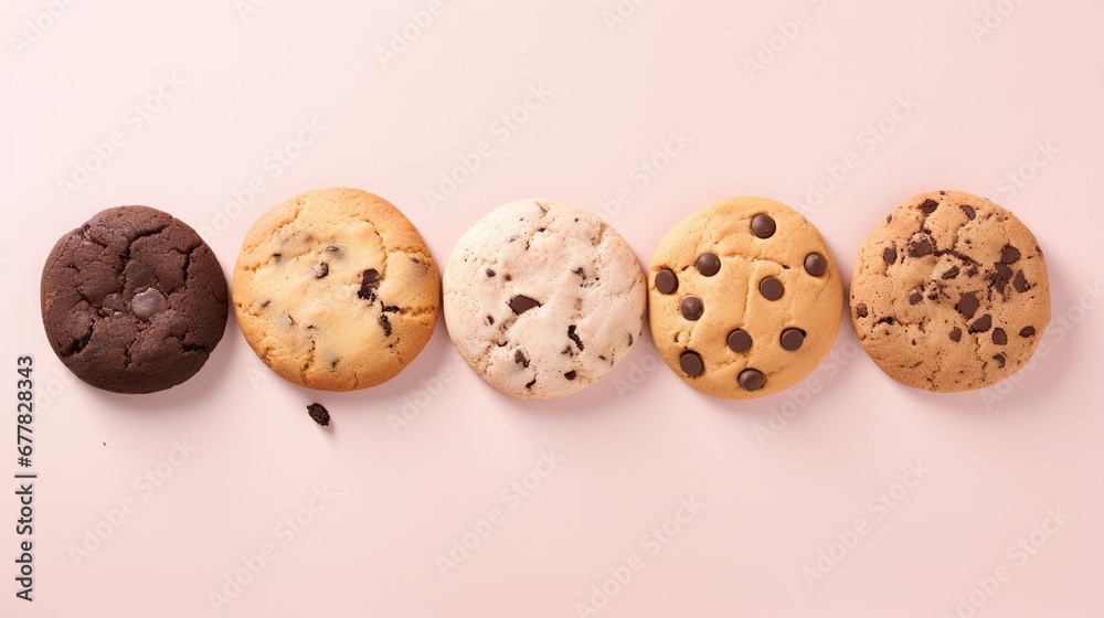 five chocolate chip cookies lined up in a row on a light pink ...
