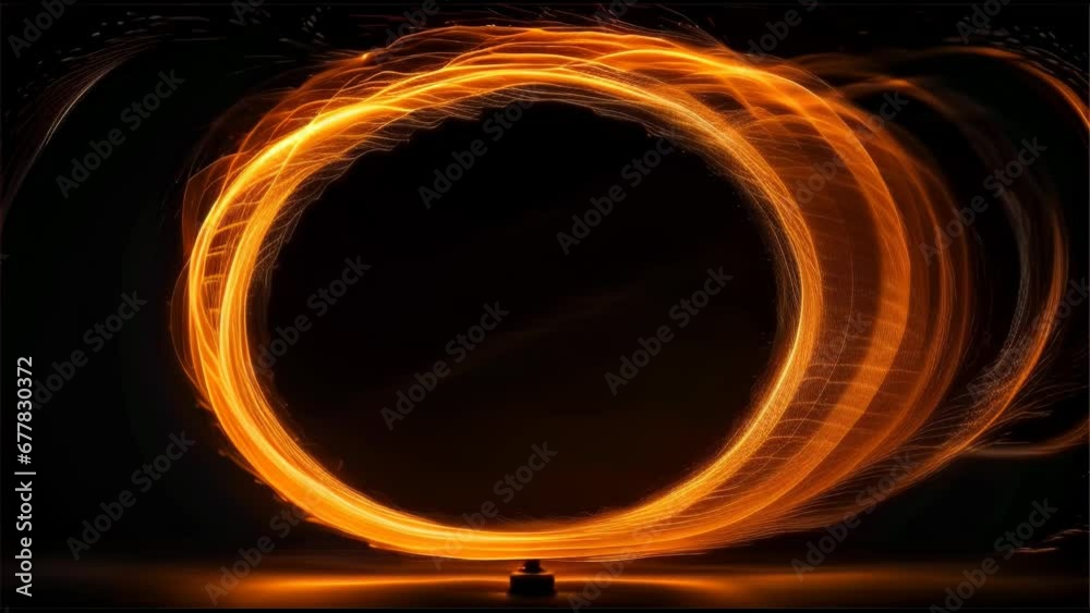 A ring of fire burns in the darkness, captured as a circular trail ...