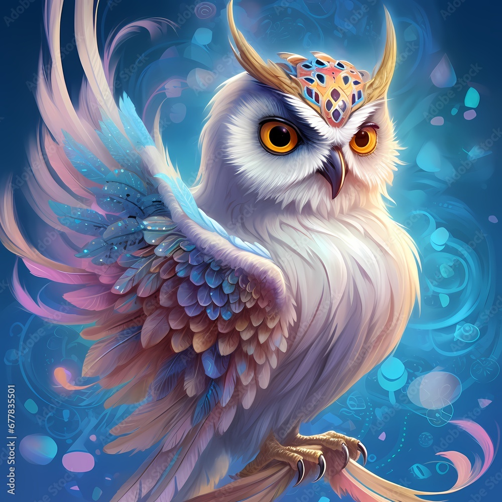 Cute and adorable fantasy owl, Bird-of-Paradise, sparrow, full body, shiny metallic jeweled ...