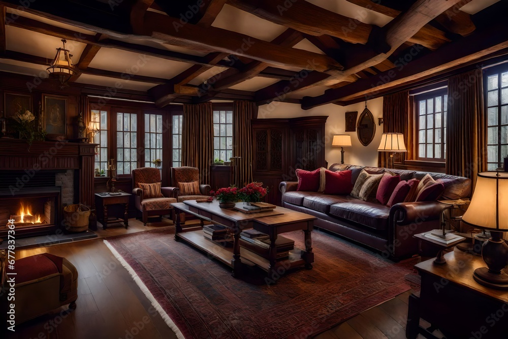 A cozy living room in a Tudor style house, with wooden beams, antique ...