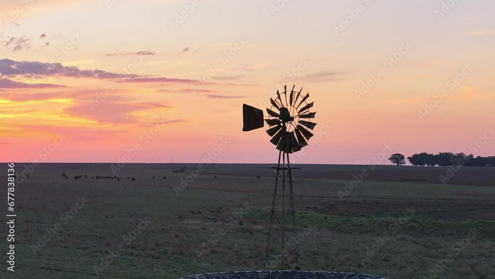 Slow left to right circle shot of a turning windmill at sunset in South ...