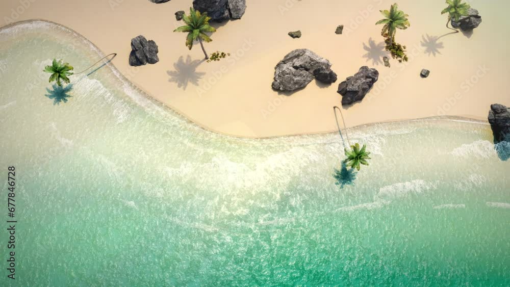 3D rendering sea beach animation wave and element, rock, coconut tree ...