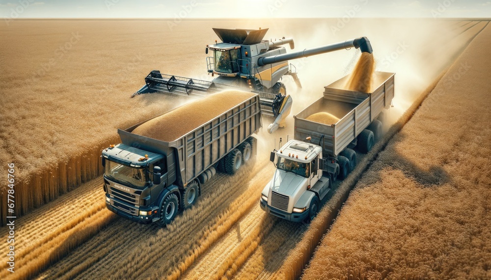 A high-resolution, detailed horizontal photo of a combine harvester and ...
