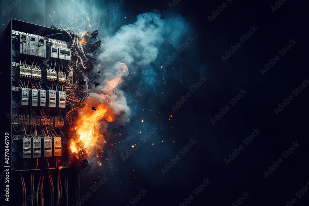 Short circuit, fire on the electrical panel. Space for text. Stock ...