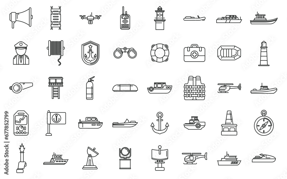 Coast guard icons set outline vector. Sea ship coast. Guard radio Stock ...