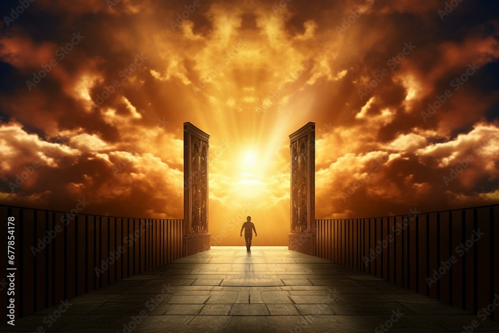 Silhouette walking towards heavenly glow, gates of light to heavenly ...