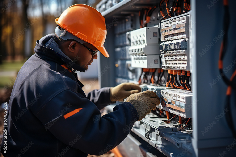 electrician working in a power station in a factory. installation of ...