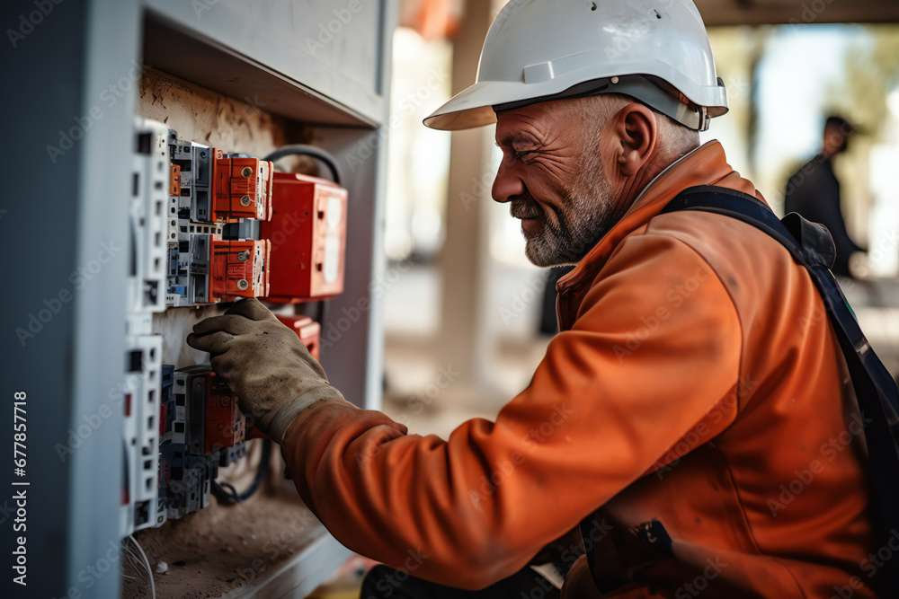 electrician working in a power station in a factory. installation of ...