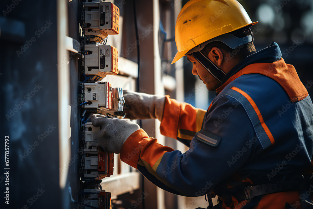 electrician working in a power station in a factory. installation of ...