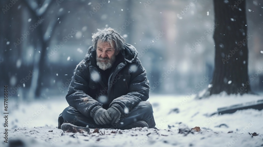 Homeless Old Man Enduring Winter on the Street: A Struggle for Survival ...