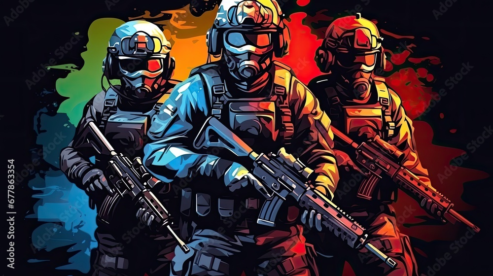 Three soldiers in full combat gear standing together with carrying guns ...