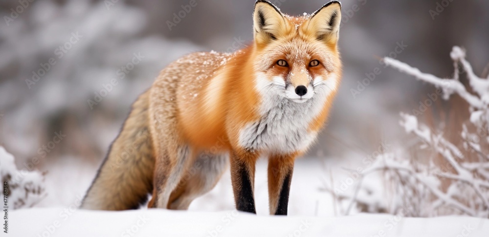 Alert Red fox in snow, a red fox with bushy tail and alert expression ...