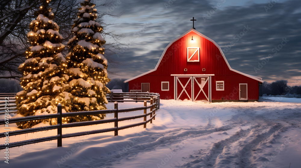 A snowy scene with a red barn and Christmas lights, christmas picture ...