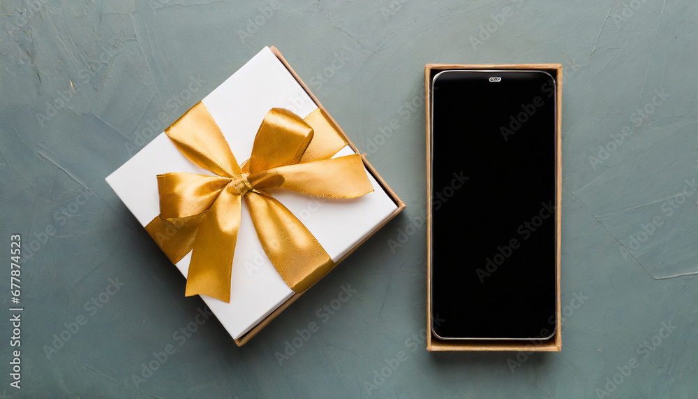 opened gift box with gold ribbon and smartphone on color background top ...