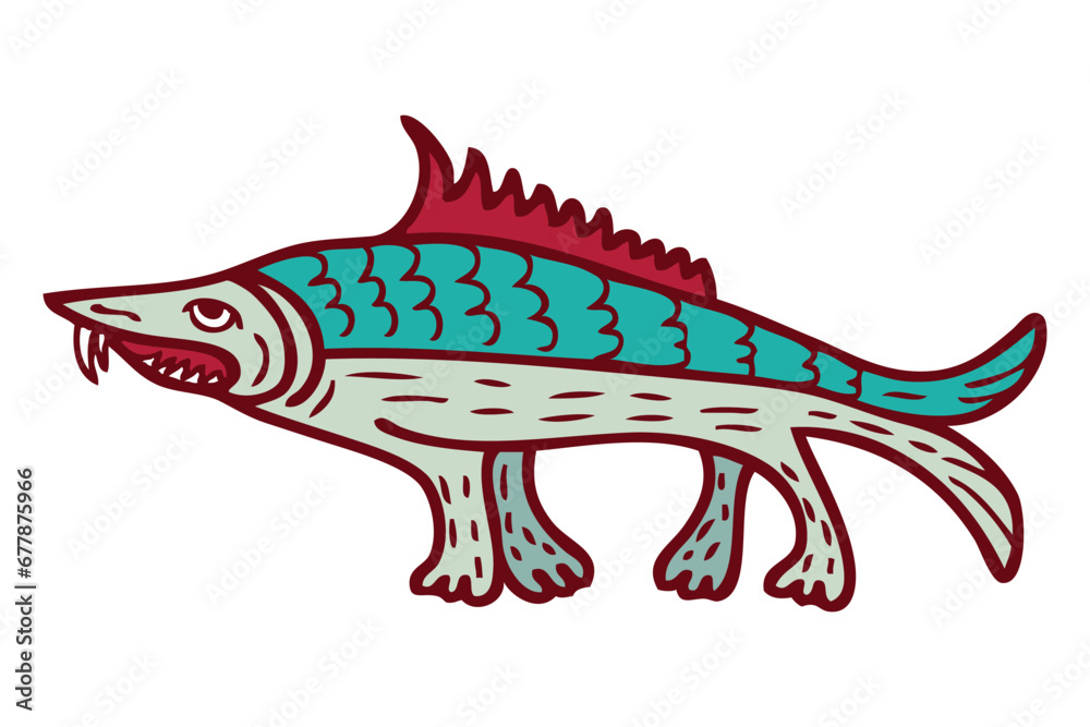 Doodle medieval bestiary style crocodile fish. Perfect for sticker ...