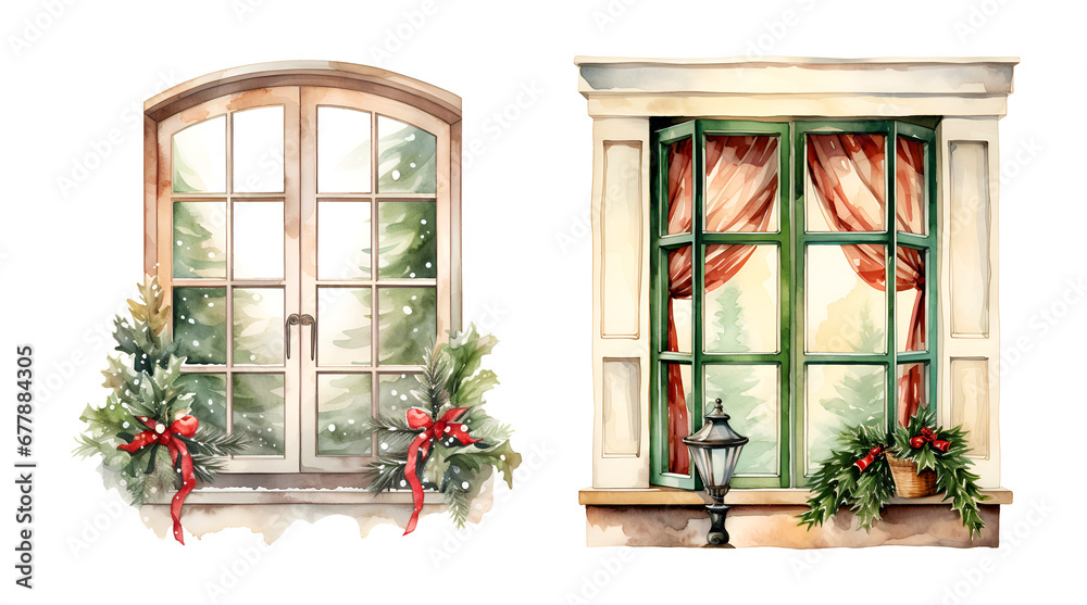 Christmas window watercolor clipart illustration with isolated ...