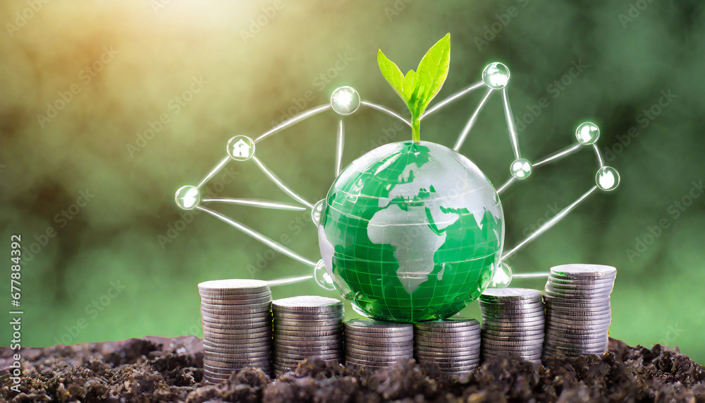 green globe with network connection and stack of silver coins the ...